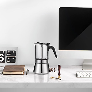 SIXAQUAE Moka Induction Stovetop Espresso Maker,Crystal Glass-top & Stainless Steel Espresso Moka Pot,Classic Italian coffee maker,240ml(6cup)