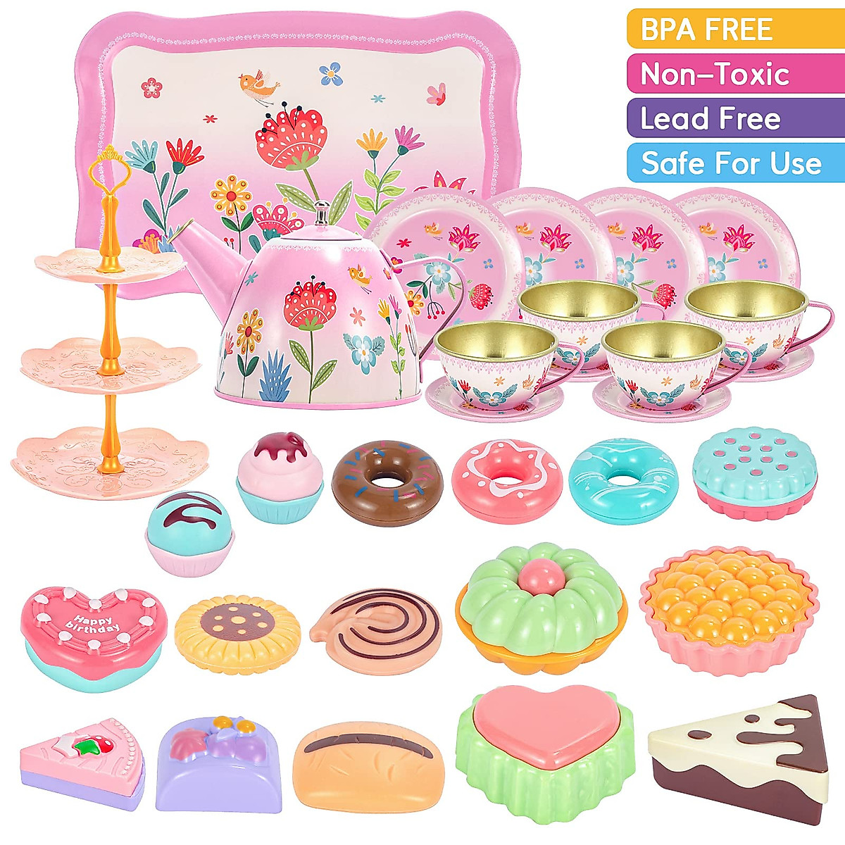 ShyLizard Tea Set for Little Girls, Kids Party Set Toys for 3 Year Old Girls, Princess Tea Set for Girls Gifts, Flower Design Tea Set Toys for Girls, Gifts for 3 4 5 6 Year Old Girls, 43PCS