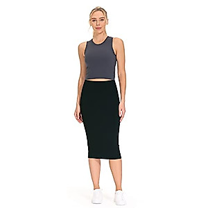 THE GYM PEOPLE Women's High Waist Tummy Control Pencil Skirts Stretchy Bodycon Midi Skirt Below Knee with Back Slit Black