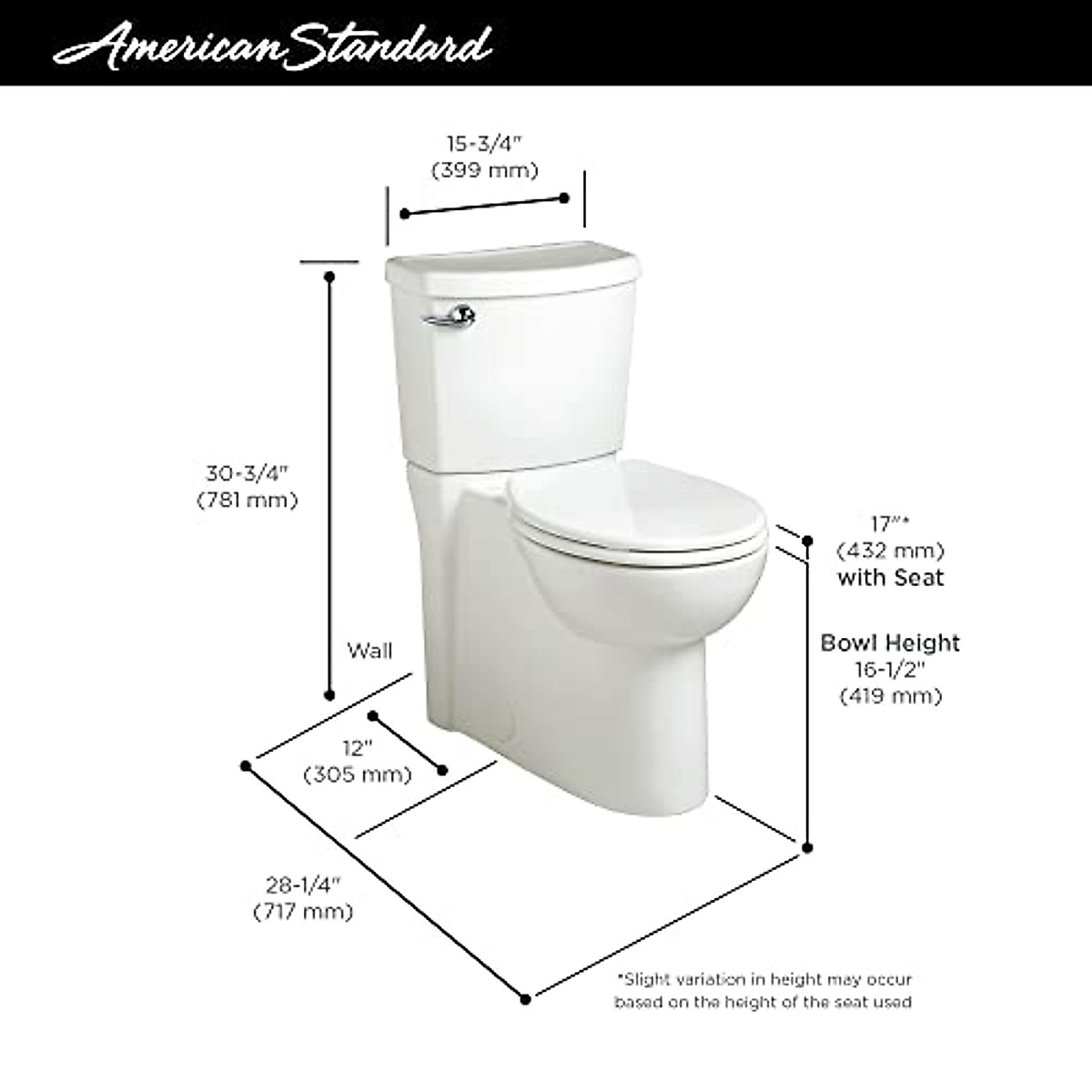American Standard 2988101.020 Cadet 3 FloWise 2-Piece 1.28 GPF Single Flush Right Height Round Front Toilet with Concealed Trapway, White
