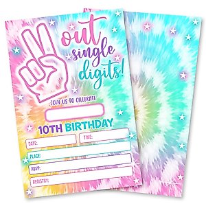 Grace Yonks Greeting Card, Tie Dye Birthday Party Invitation, Peace Out Single Digits, 20 Invitations and Envelopes