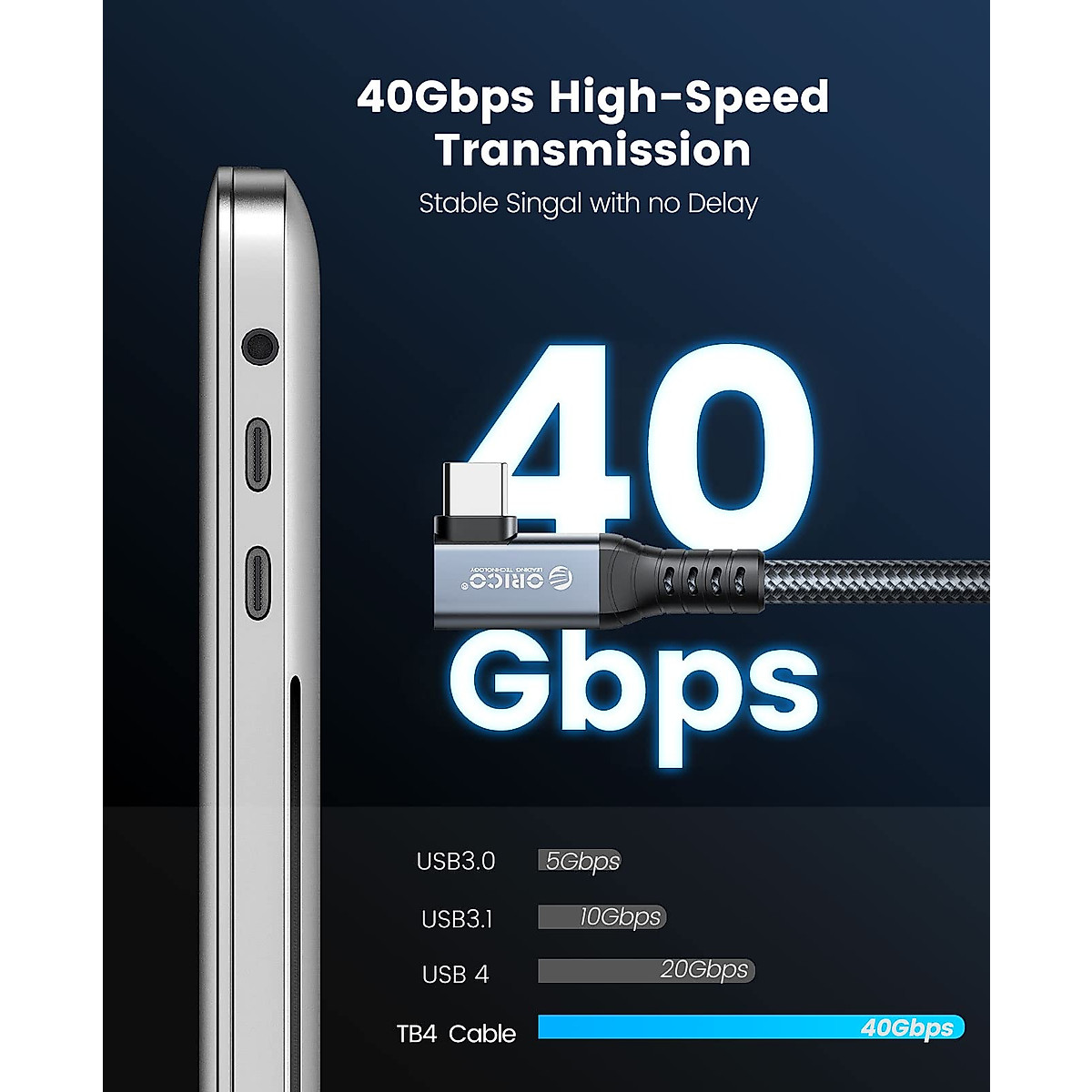 ORICO Cable Compatible with Thunderbolt 4 Right Angle 2.62FT, 40Gbps USB C to USB C Cable with 100W Charging/Display 8K@ 60Hz for MacBooks, iPad Pro, Thunderbolt 4/3 Hub and USB-C Device