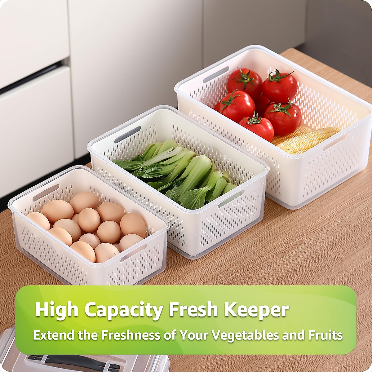 Large Produce Saver with Removable Colander and Handle, Vegetable Storage Keeper Airtight Leakproof Keep Fresh Longer Lettuce Containers BPA-FREE Big Size Veggies Banana Fruit Preserver 14 Cup/3.3L