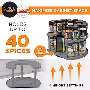 Stow-n-Spin Spice Rack Organizer for Cabinet 2 Tier Lazy Susan Organizer Holds 40 Spice Jars with Double Spinner on Bottom Spice Shelf for Kitchen Pantry Organization and Storage Made in USA