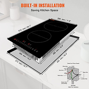 VEVOR Electric Cooktop, 2 Burners, 12'' Induction Stove Top, Built-in Magnetic Cooktop 3000W, 9 Heating Level Multifunctional Burner, LED Touch Screen w/Child Lock & Over-Temperature Protection