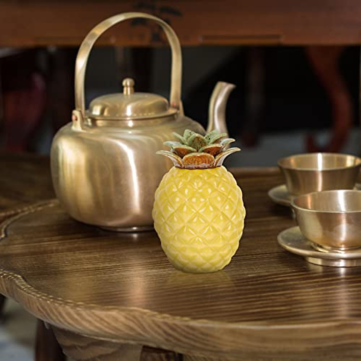 BESTonZON Ceramic Tea Jar Pineapple Shape Tea Tins Containers with Leaf Lid Porcelain Tea Pot Coffee Sugar Storage Canisters Empty Food Storage Jar for Home Kitchen Counter Yellow