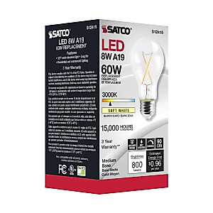 Satco S12415-8 Watt LED A19; Clear; Medium Base; 3000K 2 LED Bulbs