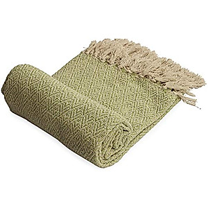 Cotton Throw Blanket Green Beige Chevron Patterned | Sofa Bed Couch Blankets with Fringe | Sage Chartreuse | Warm Lightweight | Decorative Living Room Home Decor | Farmhouse Picnic Beach Camping