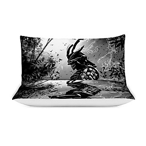 Japanese style Traditional Pattern armor samurai ronin Cherry Blossoms Bedding Sets,3PCS Full Size Duvet Cover Set,Graphics Bedding (1 Duvet Cover +2 Pillow Shams) with Concealed Zipper Closure Decor