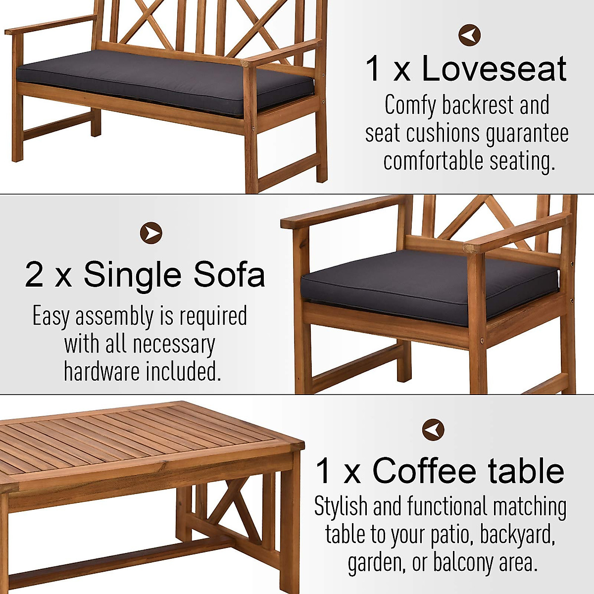 Outsunny 4 Piece Acacia Wood Outdoor Patio Furniture Set with 2 Armchairs, 1 Sofa, & 1 Coffee Table, Cushions Included
