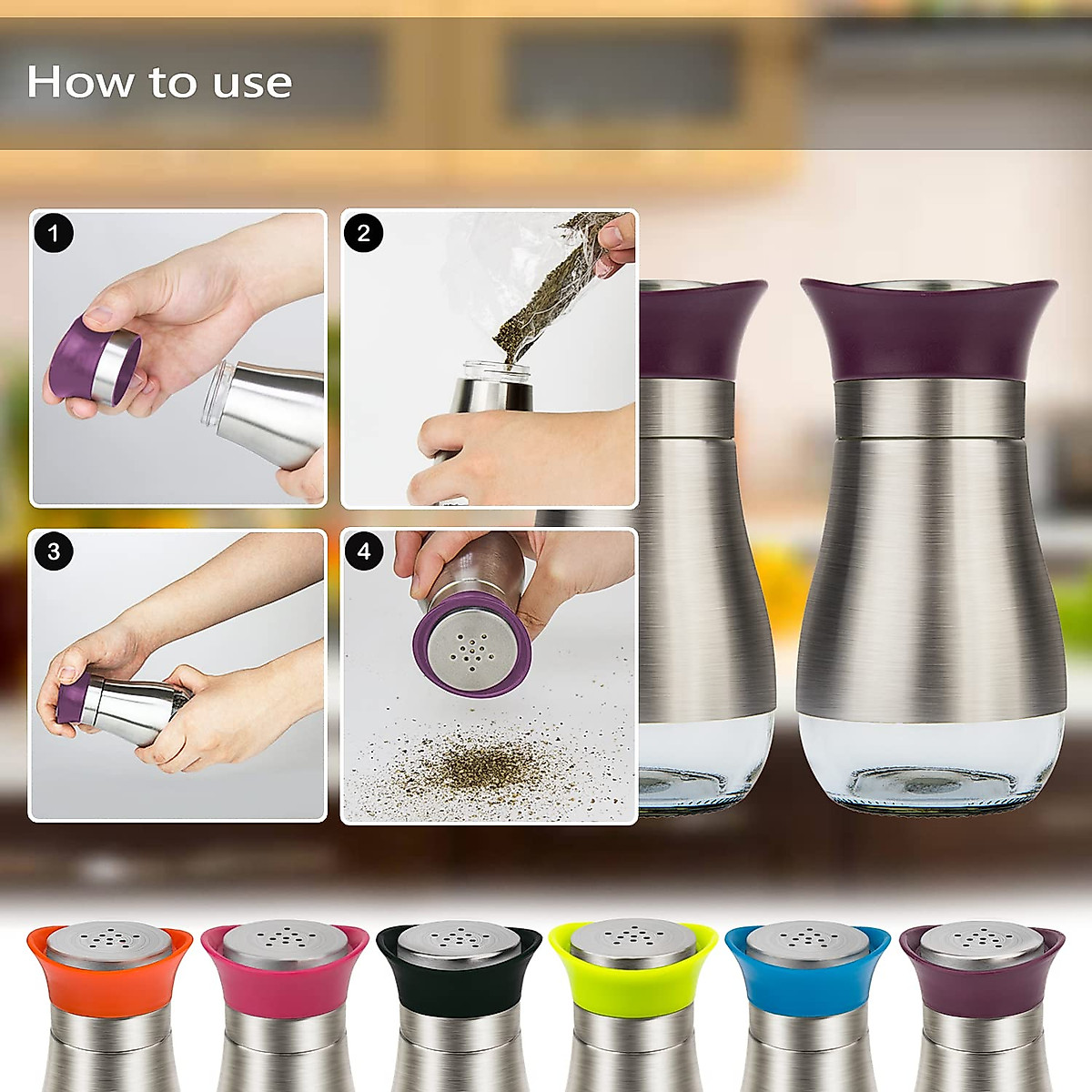 Evelyne Salt Pepper Seasoning Glass Shaker with Stainless Steel Cover 2 pcs Pack Set (Purple)