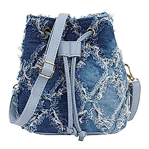Hyuyikuwol Women Denim Mini Bucket Shoulder Crossbody Bag Drawstring Quilted Distressed Tassel Barrel Shape Satchel Purse, Blue