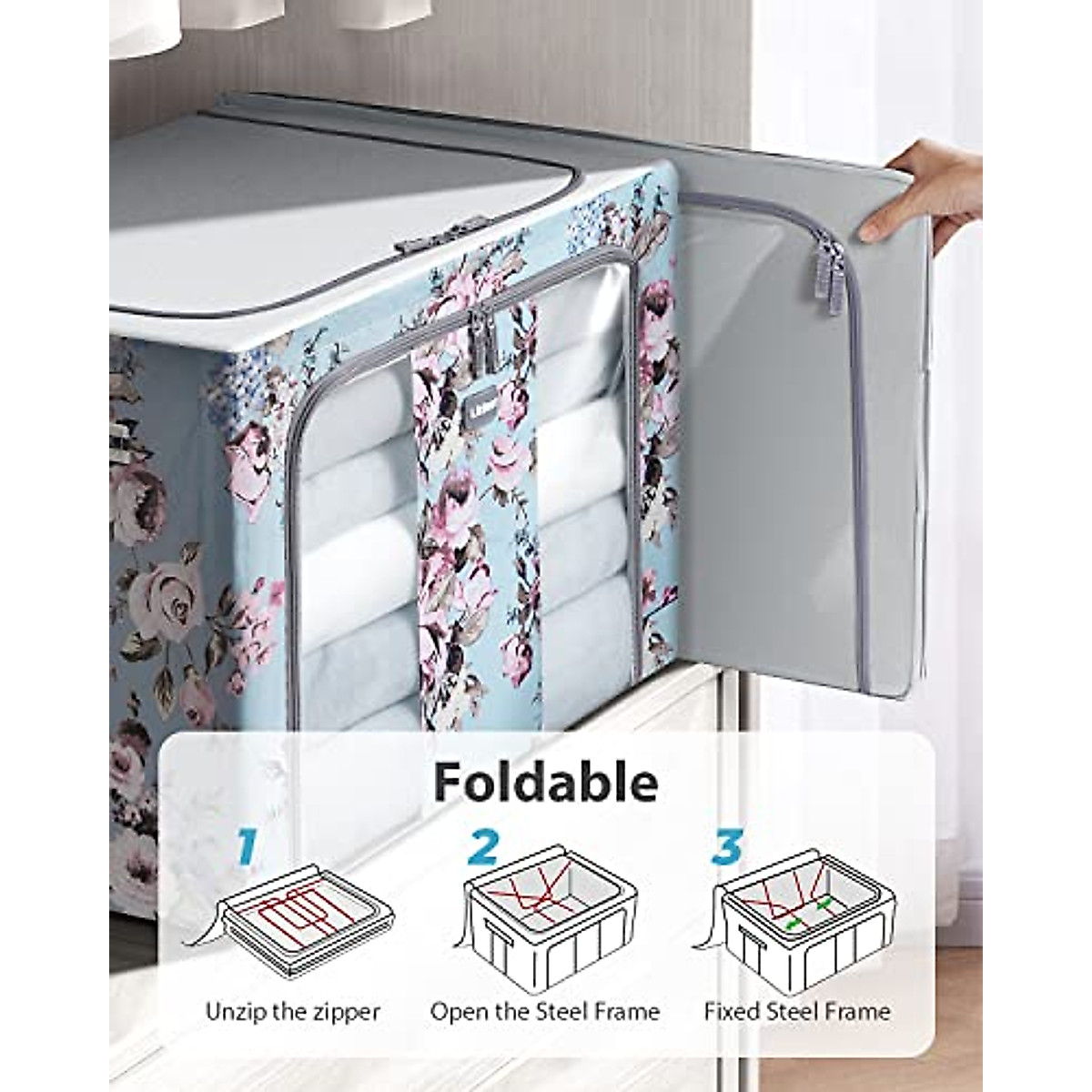 LitBear 2 Pack 100L Clothes Storage Bins Foldable Metal Frame Storage Box - Stackable Oxford Fabric Container Organizer Set with Carrying Handles and Clear Window(Blue floral)