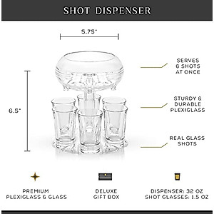 JoyJolt 6 Shot Glass Dispenser and Glass Shot Glasses Set. 32oz Liquor Dispenser for Home Bar Accessories, Party Supplies, Halloween Shots Drink Dispenser for Parties, Fancy Alcohol Dispenser.