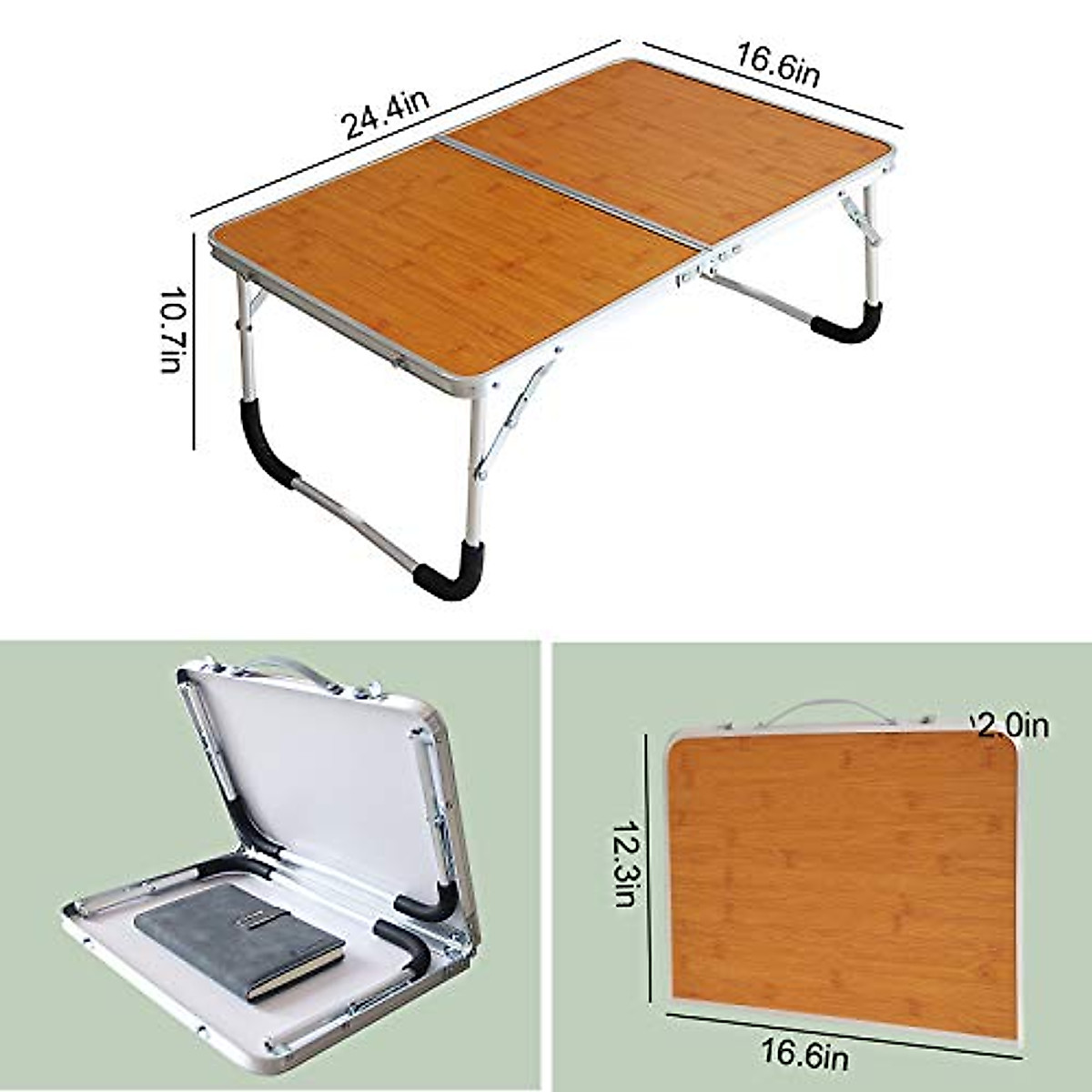 Jucaifu Foldable Laptop Table, Bed Desk, Breakfast Serving Bed Tray, Portable Mini Picnic Table & Ultra Lightweight, Folds in Half with Inner Storage Space (Bamboo Wood Grain)