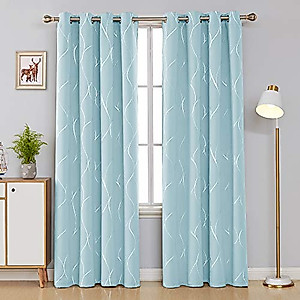 Deconovo 84 Inch Long Blackout Curtains, Silver Wave Foil Print Grommet Room Darkening Curtain, Noise Reducing Window Draperies for Living Room (52" W x 84" L, 1 Pair, Sky Blue)
