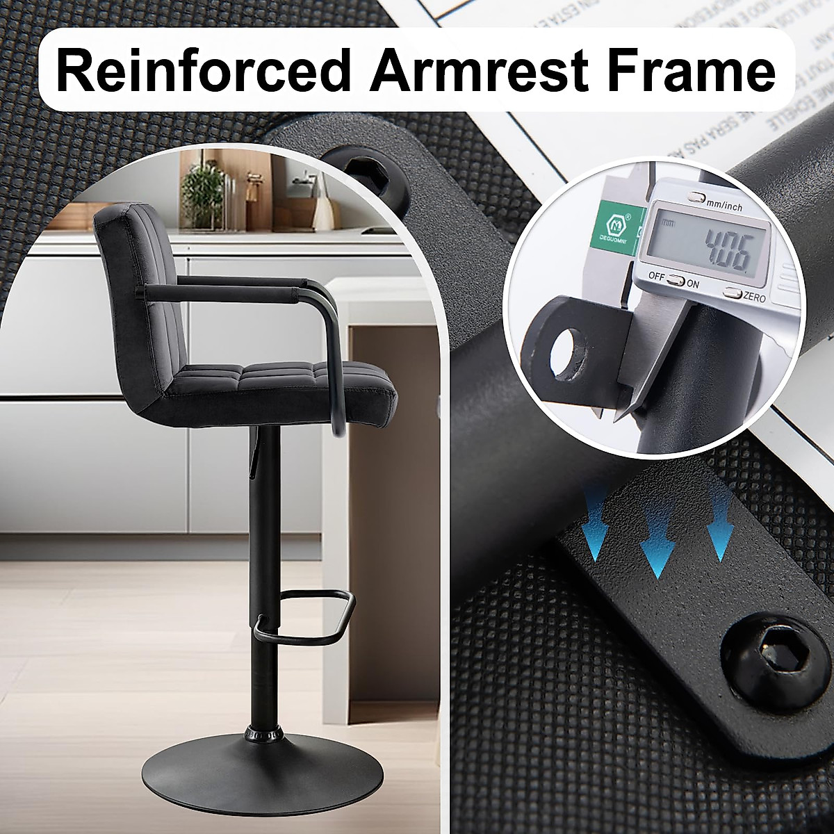 Furnimart Adjustable Bar Stool Swivel Barstools Set of 2 Counter Stools with Armrest and Footrest Upholstered Bar Chairs for Kitchen and Dining Room (Velvet-Black)