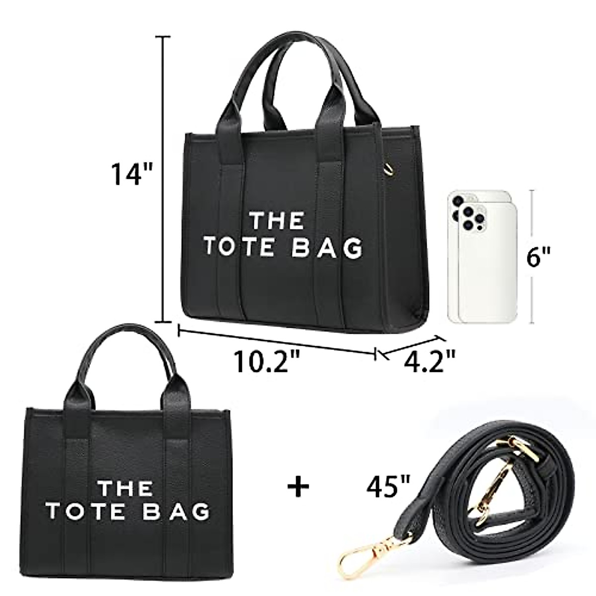 Women's The Tote Bag, PU Leather Tote Bag, Shoulder, Crossbody or Handle Bag for Work, School (10.2X4.2X8.5in) (black)