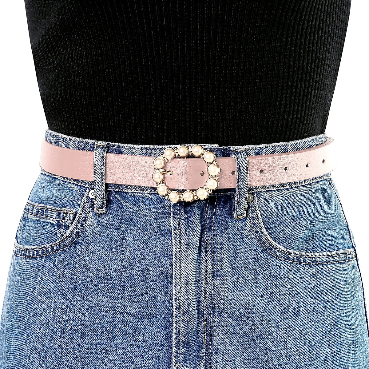 Allegra K Womens Pearl Waistband Skinny Leather Adjustable Pin Buckle Belt for Jeans Dresses Pants 75-90cm/29.53"-35.43" Light Pink