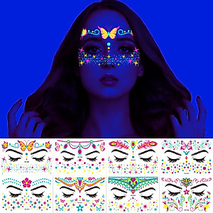 Glow in The Dark Tattoos Stickers, Fake Face Temporary Tattoos Makeup UV Neon Floral Body Paint Tattoo Stickers Decorations for Adults Girls Women Festival Bar Party Supplies 8PCS