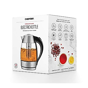 Chefman Electric Glass Kettle, Fast Boiling W/ LED Lights, Auto Shutoff & Boil Dry Protection, Cordless Pouring, BPA Free, Removable Tea Infuser, 1.8 Liters