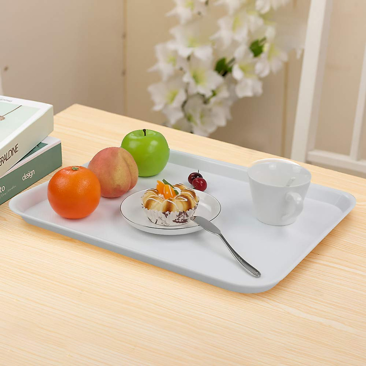 Gloreen Rectangular Fast Food Tray, Cafe Standard Cafeteria Serving Trays, 17.2"X13.5", Set of 4(White)