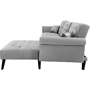 DNYN 115" Sectional Reversible Sofa with 2 Pillows & Chaise Lounge & Button Tufted L-Shaped Nailhead Decor Corner Sofá Convertible Sleeper Velvet Couch Bed for Living Room Furniture, Light Gray
