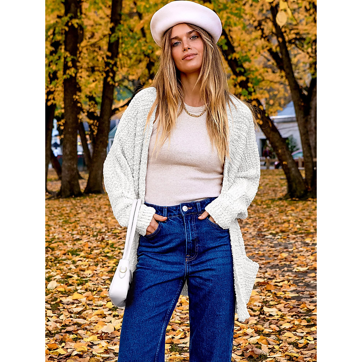 ANRABESS Women Open Front Fuzzy Batwing Sleeve Lightweight Oversized Loose Cozy Knit Cardigan Sweaters 2024 Fall Outfits White X-Large