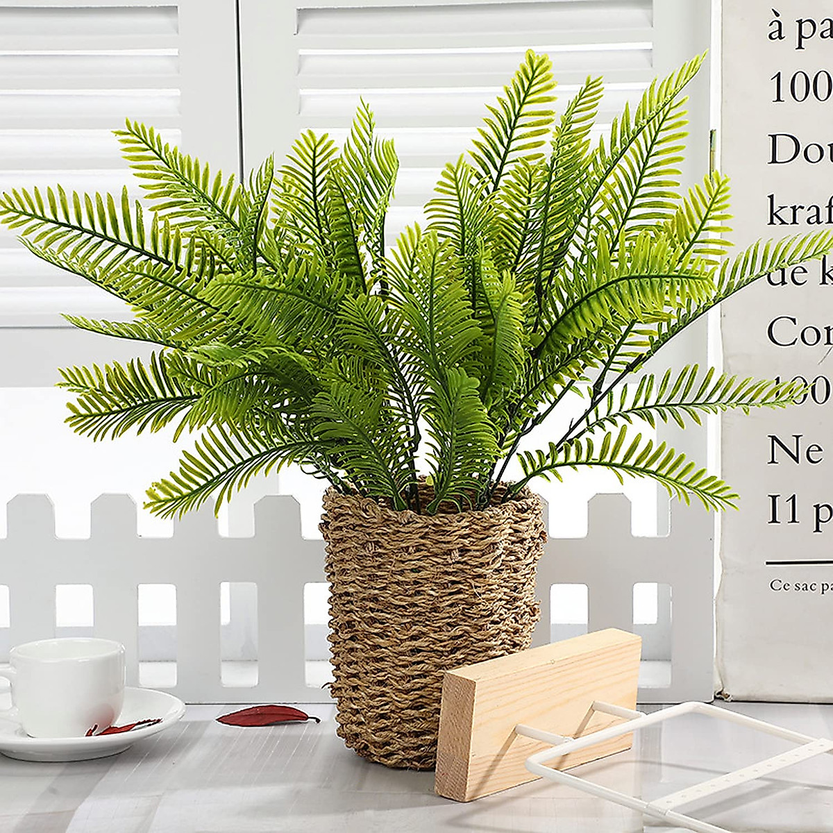 Rinlong 6Pcs Artificial Boston Fern Greenery Fake Plants Outdoor UV Resistant Plants Faux Fern for Outdoors Hanging Planter Decor