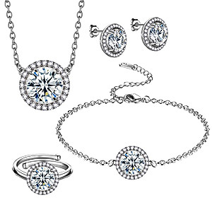 beautlace April Birthstone Necklaces/Stud Earrings/Rings/Bracelets Set Silver Plated Round Shape Jewelry Sets White Birthstone Jewelry Birthday Gifts for Men and Women KS0019W