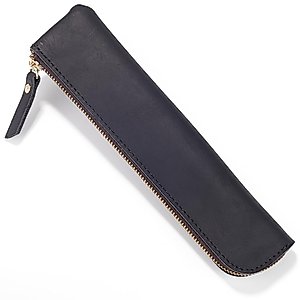 GORGECRAFT Slim Crazy Horse Genuine Leather Pencil Case Portable Zippered Pen Case Ultra Slim Soft Pen Bag Retro Minimal Cosmetic Pouch Pencil Organizer Stationery Bag for Pens Adults Xmas Gift, Black