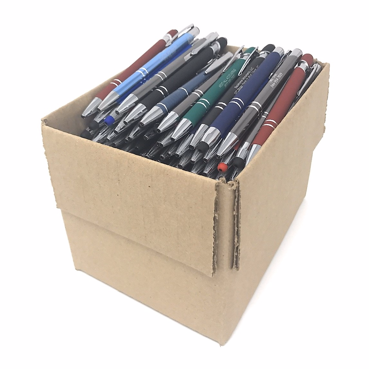 5 lb. Box of Assorted Misprint Metal Retractable Ball Point – Bulk Misprinted Pens, Stylus Tip, Comfort Grips, Wholesale Office Home School Black Blue Ink – Approximately 120 Pens per Box