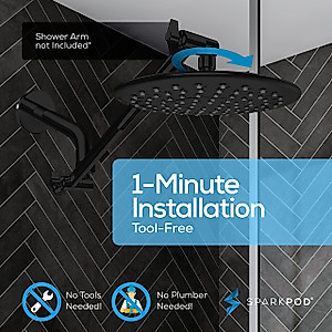 SparkPod 9.5 Inch Large Rain Shower Head - Luxury Rainfall Shower Head - High Pressure Showerhead, Full Body Coverage with Anti-Clog Silicone Nozzles - No Hassle, Easy Install (1/2 NPT, Black Matte)