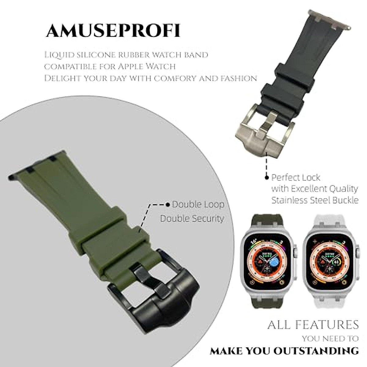 AMUSEPROFI Men's Silicone Watch Band, 49mm Ultra, 45mm Ultra 2, 42mm Series 9, 8, 7, 6, 5, 4, 3, 2, 1 - Multiple Colors Available