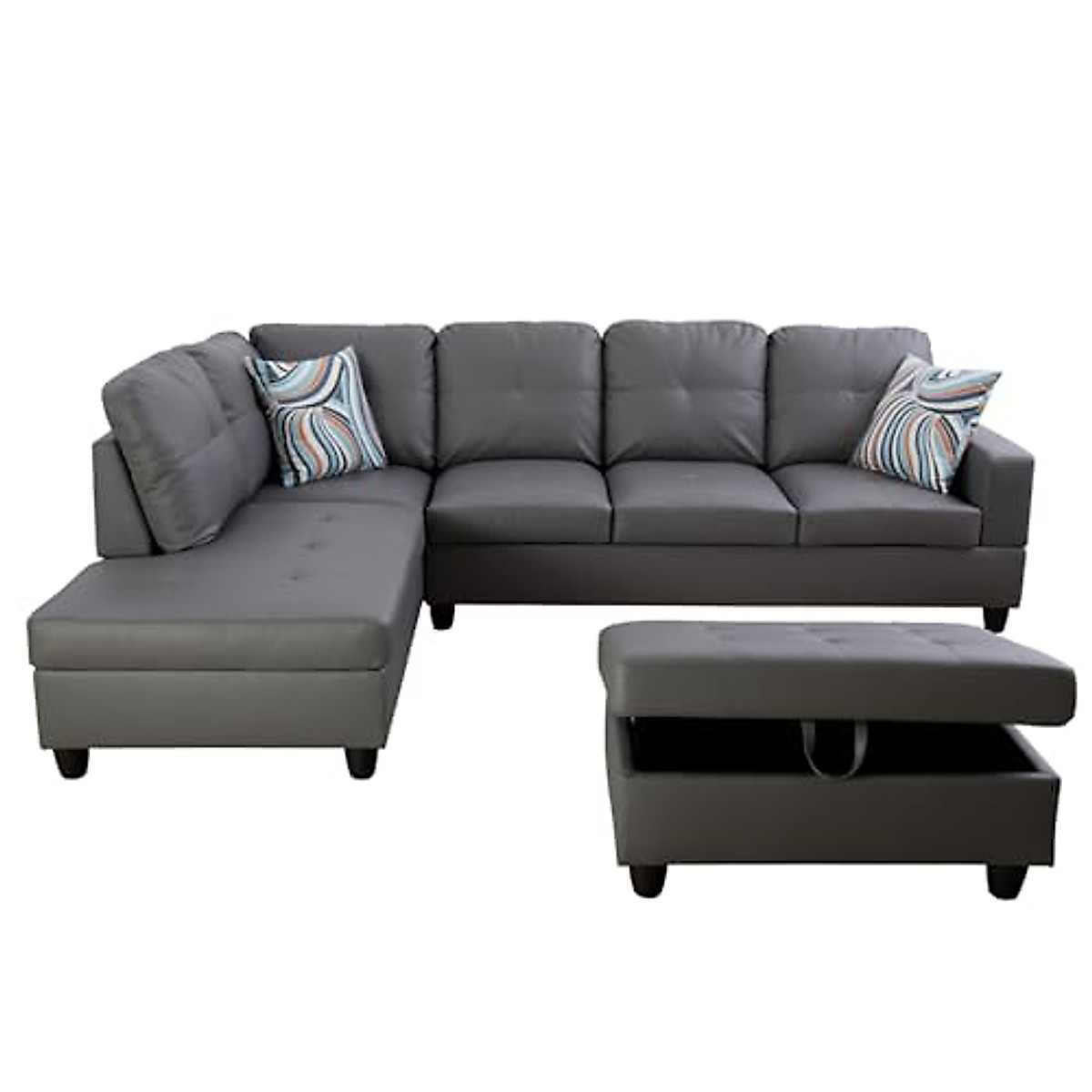 NOTOP 3-Piece Faux Leather L-Shaped Sectional Sofas, Button Tufted Upholstered Couch Set with Left Chaise Longue and Storage Ottoman, for Living Room, Home, Office, Dark Grey