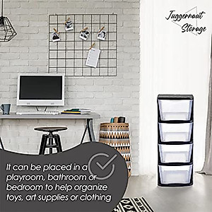 Juggernaut Storage 4 Drawer Storage Tower, Black Frame with Clear Drawers, RDT4
