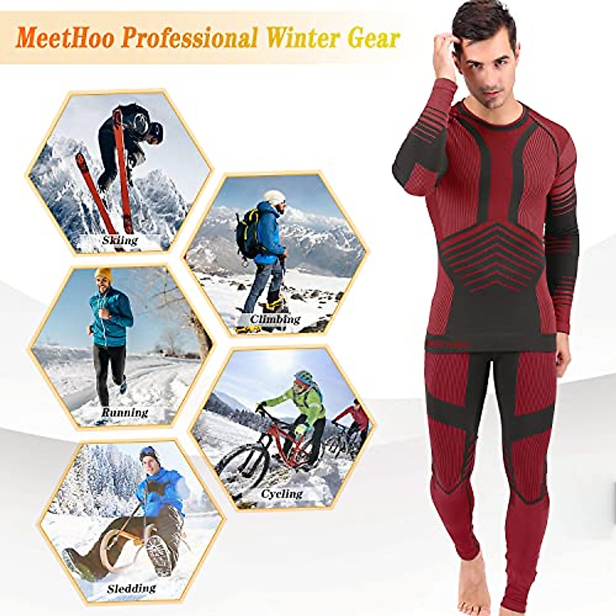 MeetHoo Men's Thermal Underwear Set Seamless Compression Base Layer Winter Gear Sports Long Johns Bottoms, Red, Large
