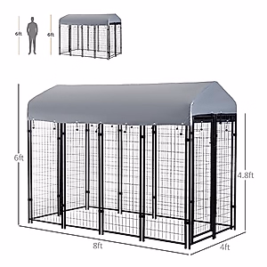 PawHut 8' x 4' x 6' Dog Playpen Outdoor, Dog Kennel Dog Exercise Pen with Lockable Door, Water-Resistant Canopy, for Medium and Large Dogs