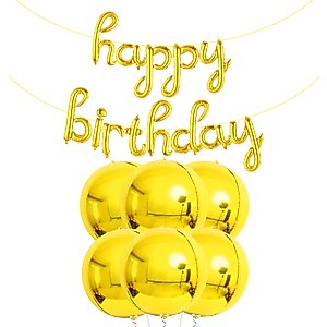 KatchOn, Large Gold Foil Balloon With Gold Happy Birthday Balloon Banner-Pack of 7 | Big Gold Balloons, Black and Gold Party Decorations | Happy Birthday Letter Balloons for Gold Birthday Decorations