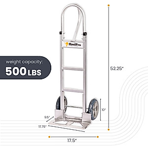 HaulPro Heavy Duty Hand Truck with Vertical Loop Handle - Aluminum Dolly Cart for Moving - 500 Pound Capacity - 10" Rubber Wheels - 52.25" H x 17.5" W with 17.75" x 9.5" Diecast Nose Plate