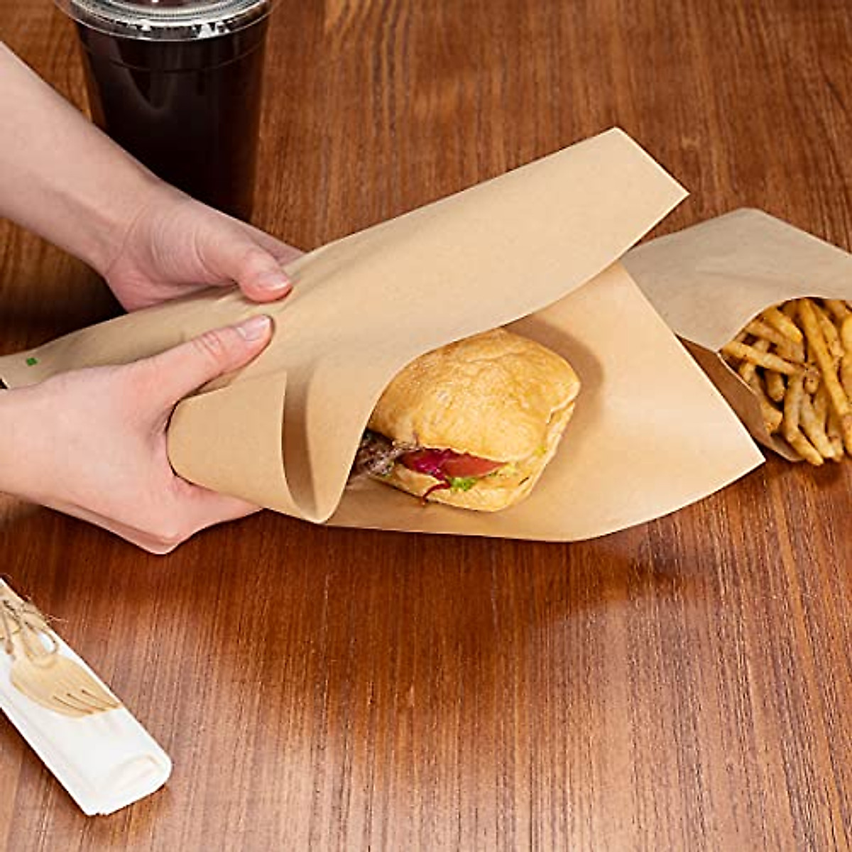 Bag Tek Kraft Paper Large Double Open Bag - Greaseproof - 10" x 9" - 100 count box - Restaurantware