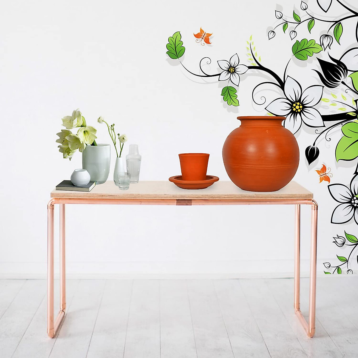 Village Decor Handmade Earthen Clay Water Pot with Lid and Glass (Capacity 6000 ml / 202 oz)