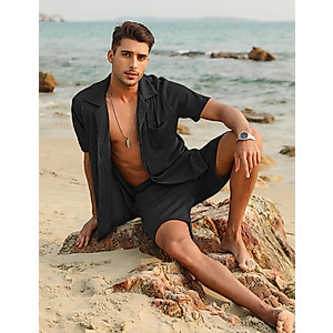 LecGee Mens Vacation Outfits Black Beach Short Sets Oversized Shirts Hawaiian Tracksuits Two Piece Short Set