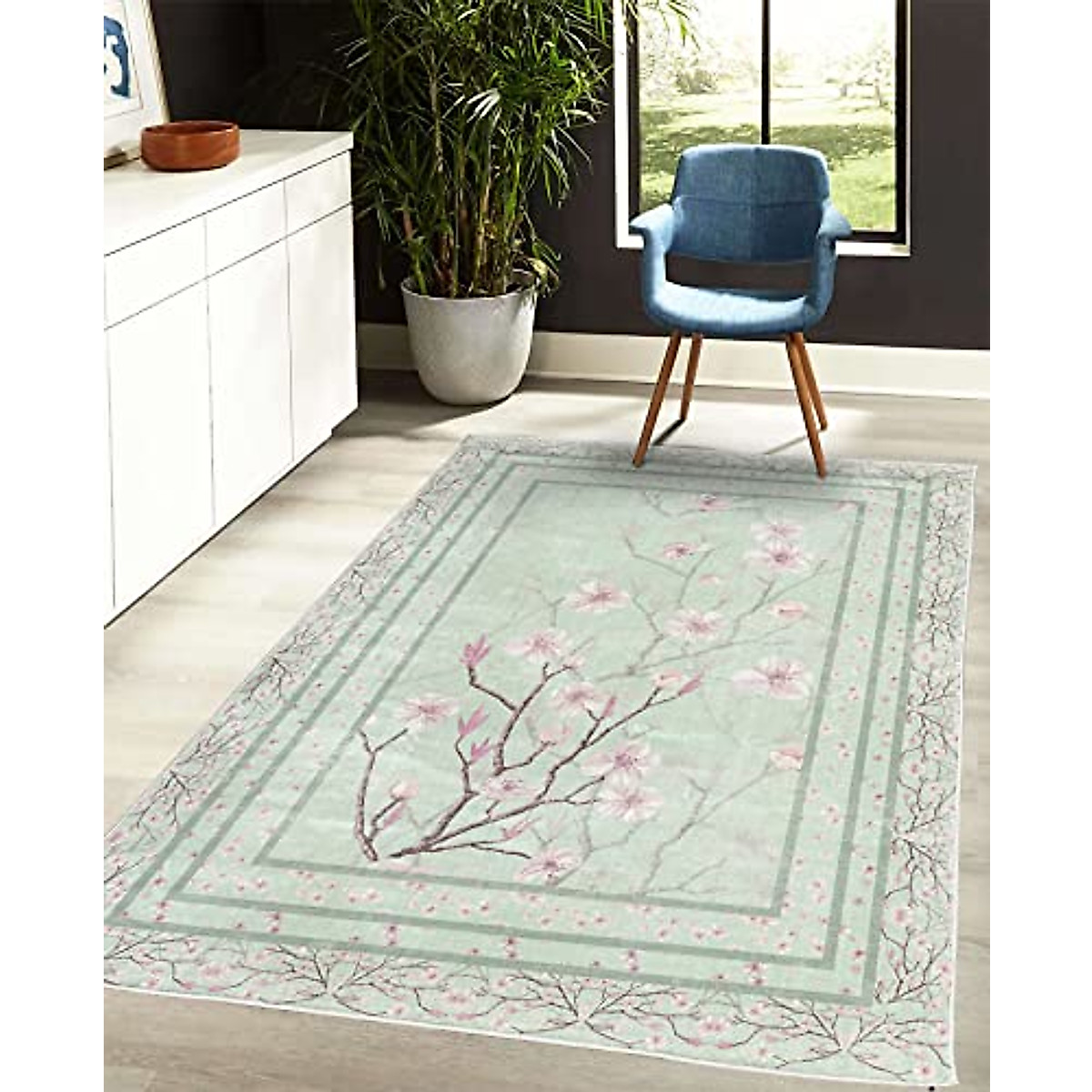 Ambesonne Apple Blossom Decorative Rug, Flowers and Blooming Spring Season Branches Nature Garden Romance, Quality Carpet for Bedroom Dorm and Living Room, 5' 1" X 7' 5", Mint Green and Pink
