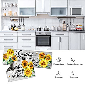 PRUKIVRA Kitchen Rugs and Mats,Non Skid Washable,Sunflower on Light Wood,Set of 2,Anti-Fatigue Comfort Standing Mat for Floor, Office, Sink, Laundry(17"x60"+17"x30")