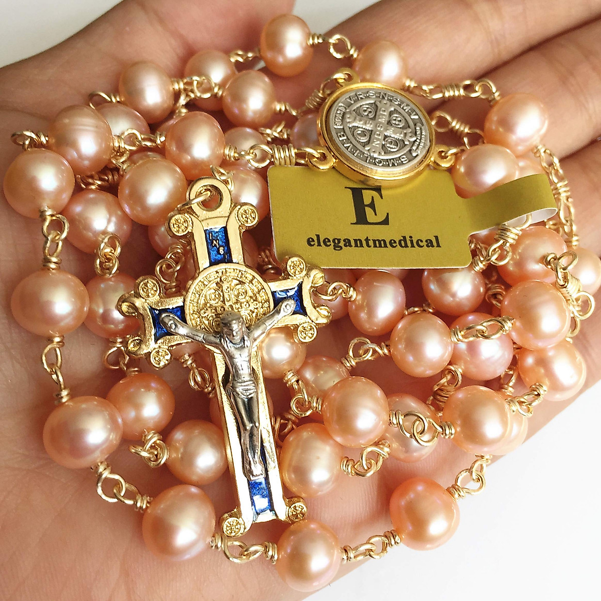elegantmedical Pink 8mm Real Pearl BEADS St. Benedict GOLD ROSARY CROSS Necklace & box Catholic GIFTS