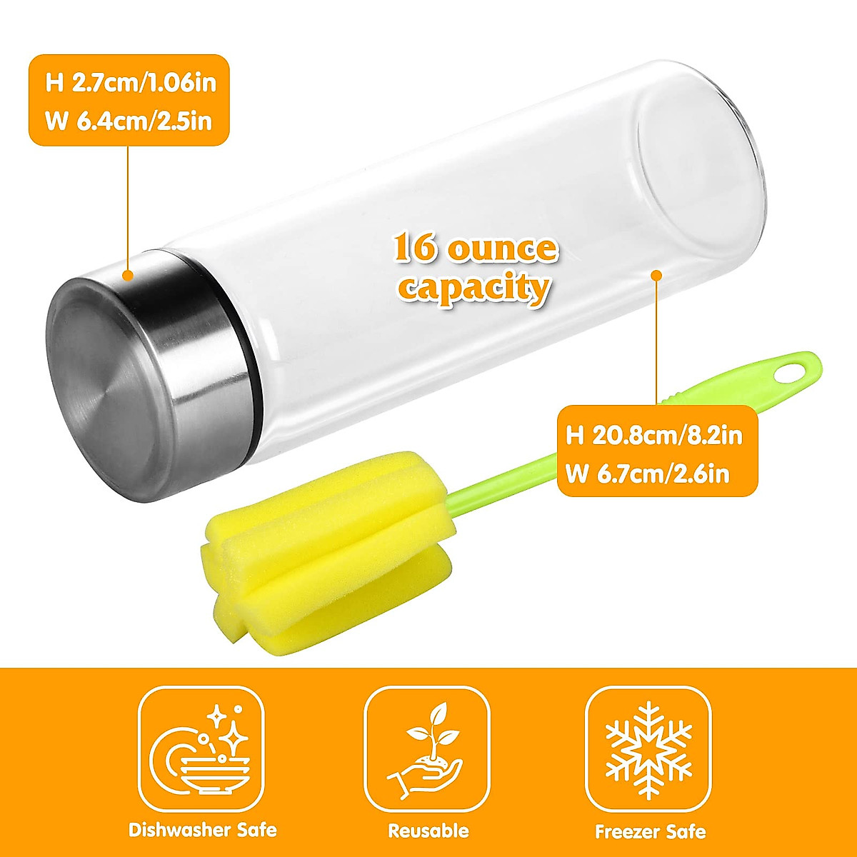 Moretoes 16oz Glass Juice Bottles, 6pcs Glass Bottles with Lids, Glass Water Bottles for Juicing, Glass Shaker Bottle with Stainless Steel Lids for Juices, Drinks, Smoothies