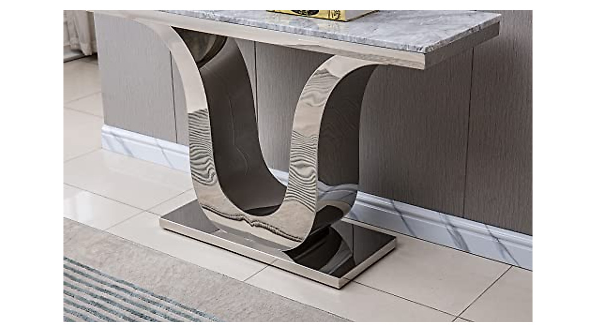 Luxury Silver Console Table with Marble & Mirrored Steel | Modern Design