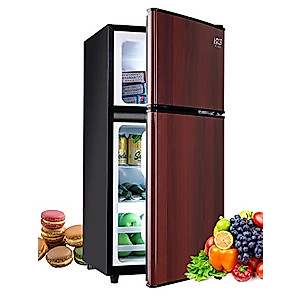 KRIB BLING Compact Refrigerators with Freezer on Top, Mini Fridge with 7- Level Adjustable Thermostat, Small Refrigerator for Apartment, Office, Camping, Wood