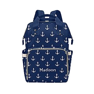 Yeshop Nautical Anchor Navy Blue Personalized Diaper Bag Backpack Tote with Name,Custom Travel Nappy Mommy Bag Backpack for Baby Girl Boy Gift, 10.83 inches * 6.69 inches* 15 inches